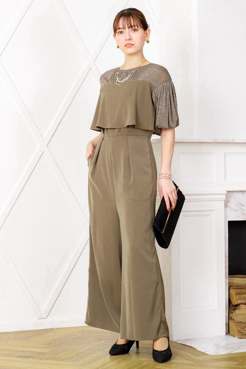 オリーブのラメチュールオールインワン | Dorry doll | M | 結婚式パーティーのレンタルドレスはリリアージュ